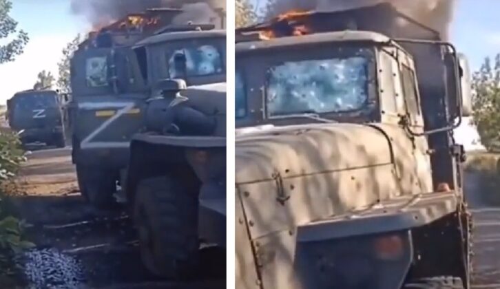Convoy of Russian national guard vehicles ambushed by Ukrainian forces