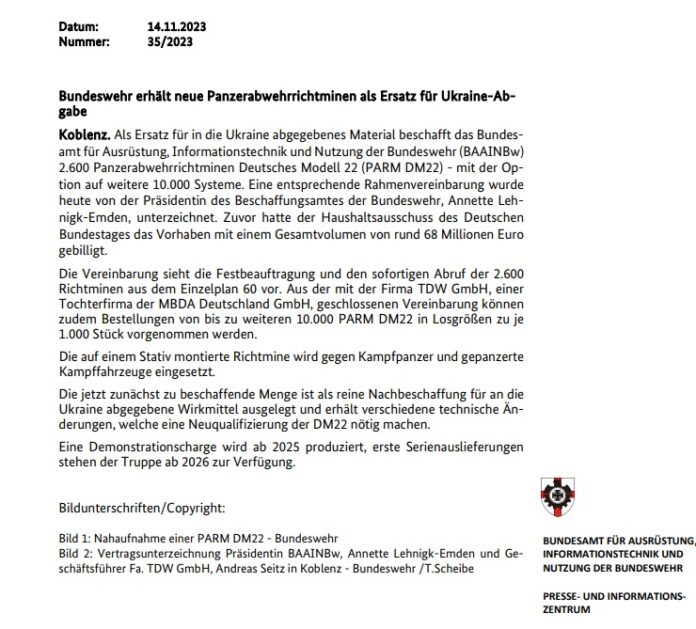 Bundeswehr procures new DM22 mines as replacement for Ukraine transfers